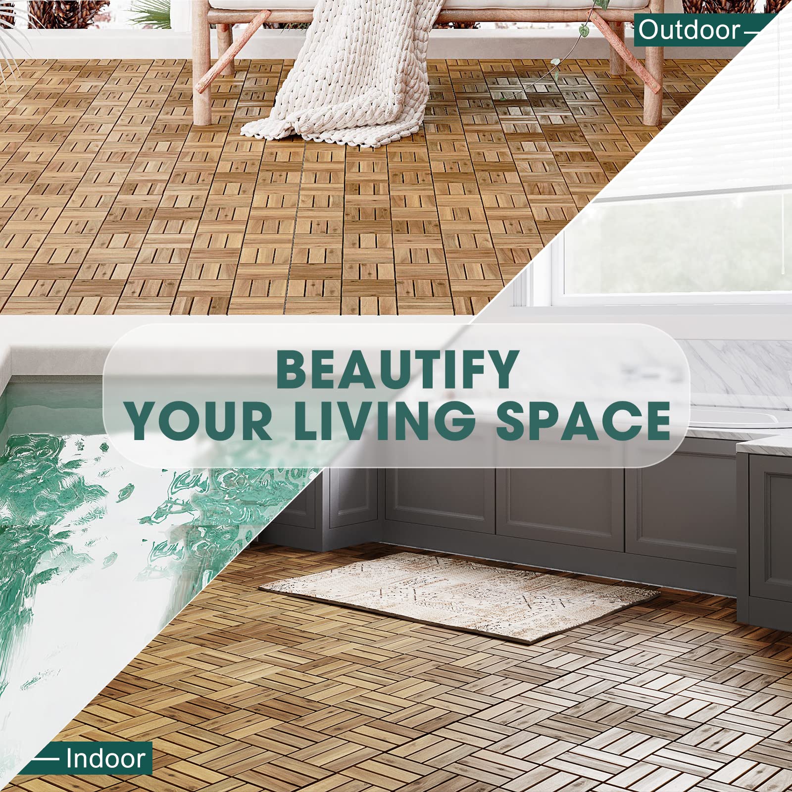 Idzo Interlocking Deck Tiles - 10PCS Waterproof Acacia Wood Patio Tiles, Flooring Tiles for Both Indoor and Outdoor - Decking Checker Pattern, 12 x 12 x 0.9 Inches, Golden Teak
