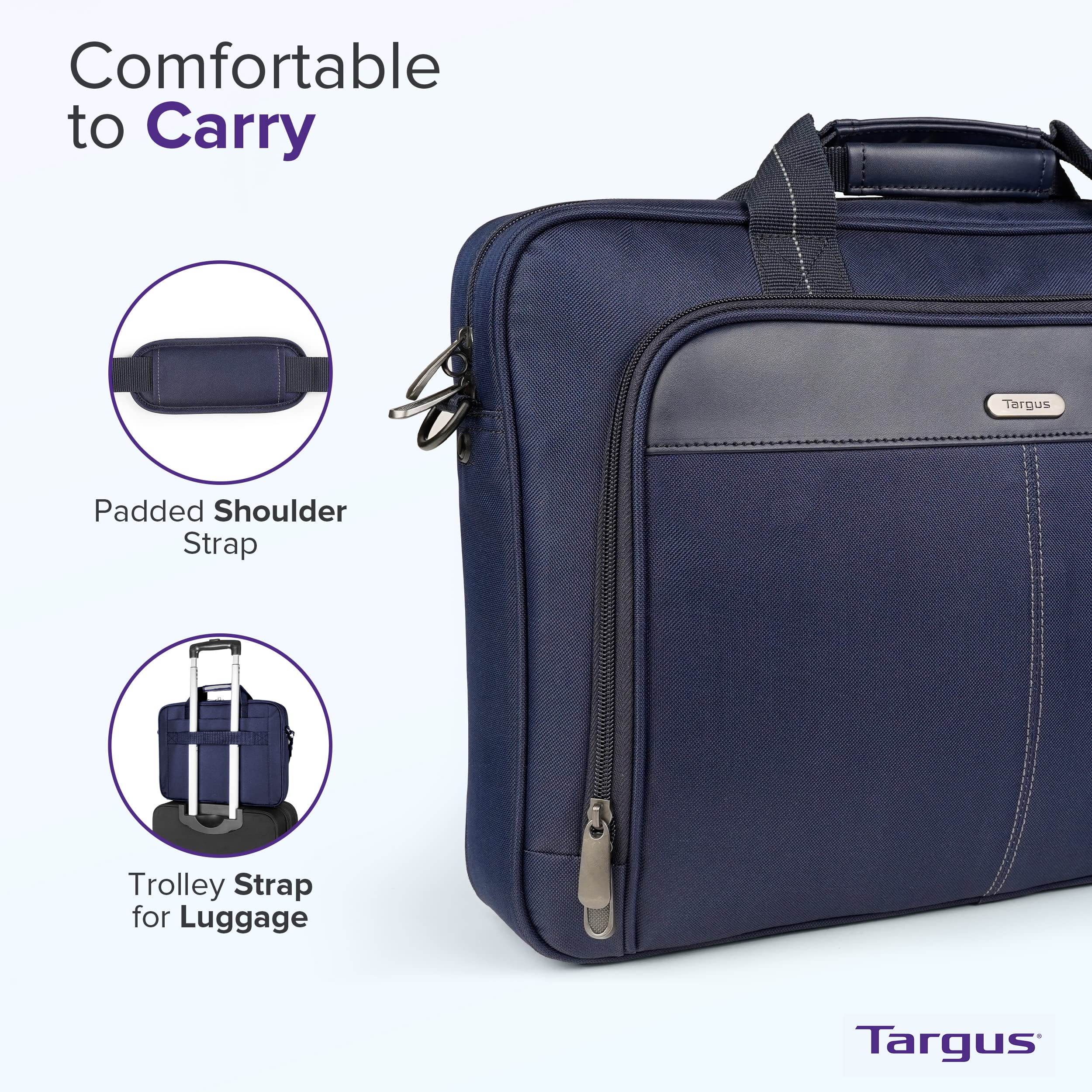 Targus 15-16 Inch Classic Slim Laptop Bag, Blue - Ergonomic Briefcase and Messenger Bag - Spacious Foam Padded Laptop Bag for 16" Laptops and Under (TCT027US)
