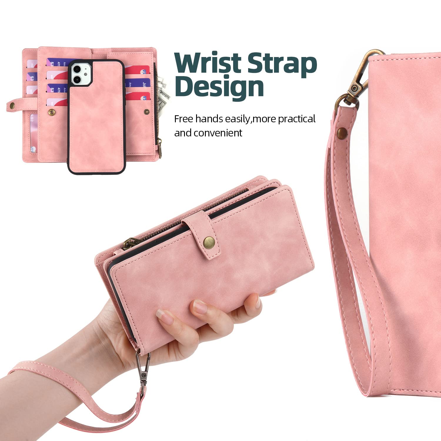 TwoHead for iPhone 11 Wallet case with Card Holder & Detachable Magnetic Phone case, PU Leather case Wallet for Women/Men,Wallet Phone Case (Pink)