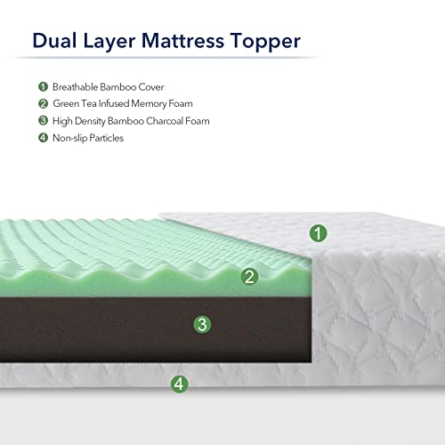 Twin Extra Long (Twin XL) Mattress Topper, 2 Inch Dual Layer Memory Foam Mattress Topper with Bamboo Cover, Medium Firm Topper for College Dorm, Hospital Bed