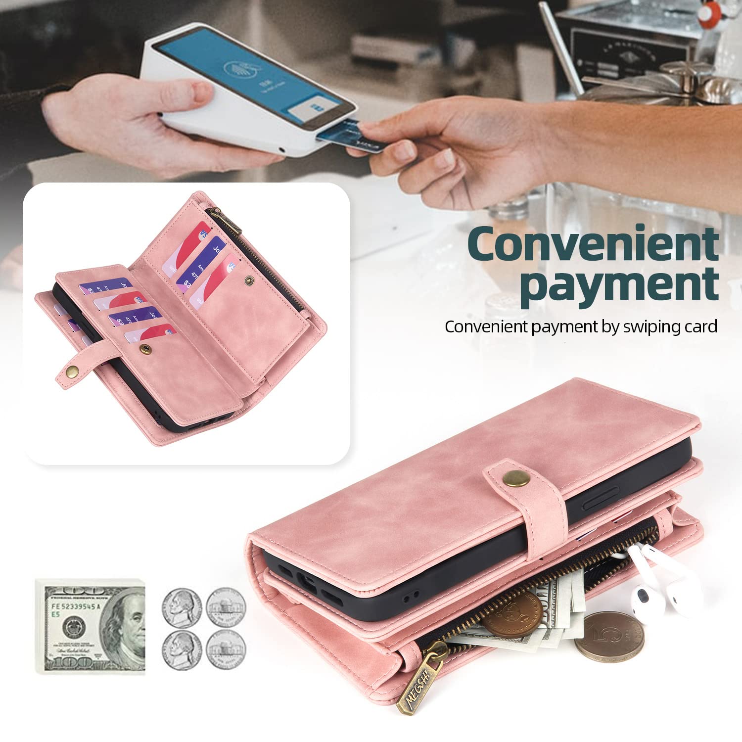 TwoHead for iPhone 11 Wallet case with Card Holder & Detachable Magnetic Phone case, PU Leather case Wallet for Women/Men,Wallet Phone Case (Pink)