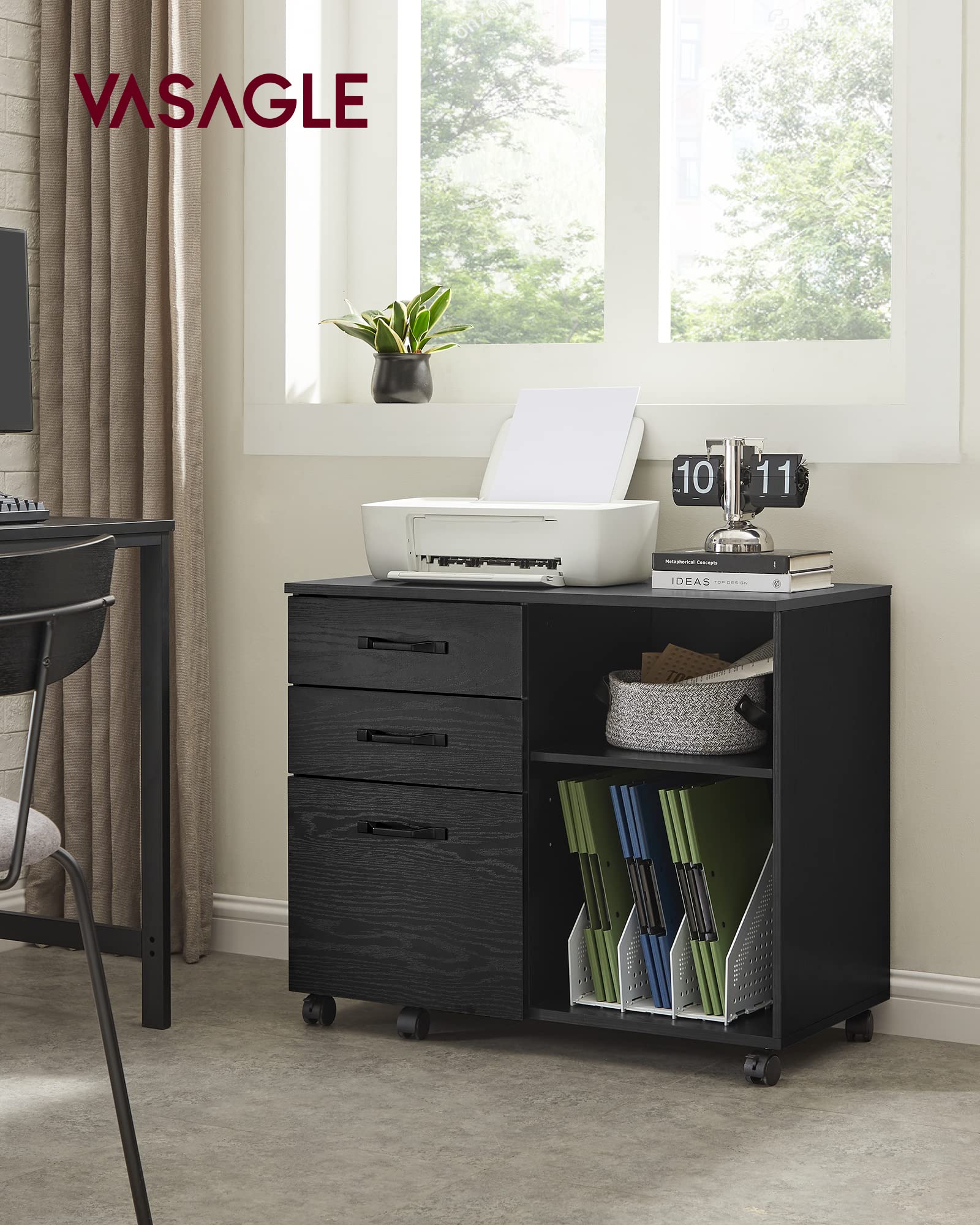 VASAGLE Lateral File Cabinet, Home Office Printer Stand, 3-Drawer Mobile Filing Cabinet with Open Storage Shelves, for A4, Letter-Size Files, Black with Wood Grain UOFC041B56