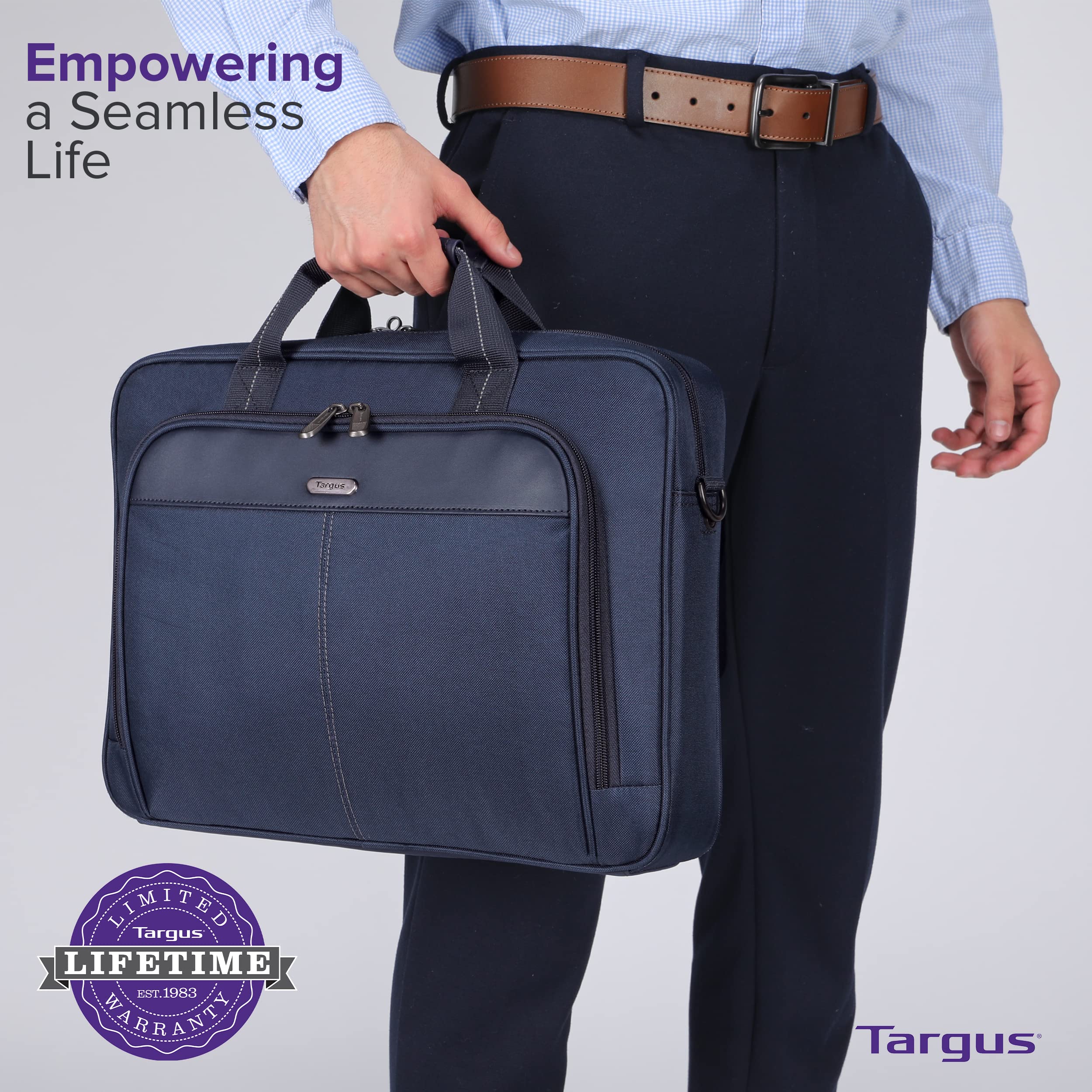Targus 15-16 Inch Classic Slim Laptop Bag, Blue - Ergonomic Briefcase and Messenger Bag - Spacious Foam Padded Laptop Bag for 16" Laptops and Under (TCT027US)