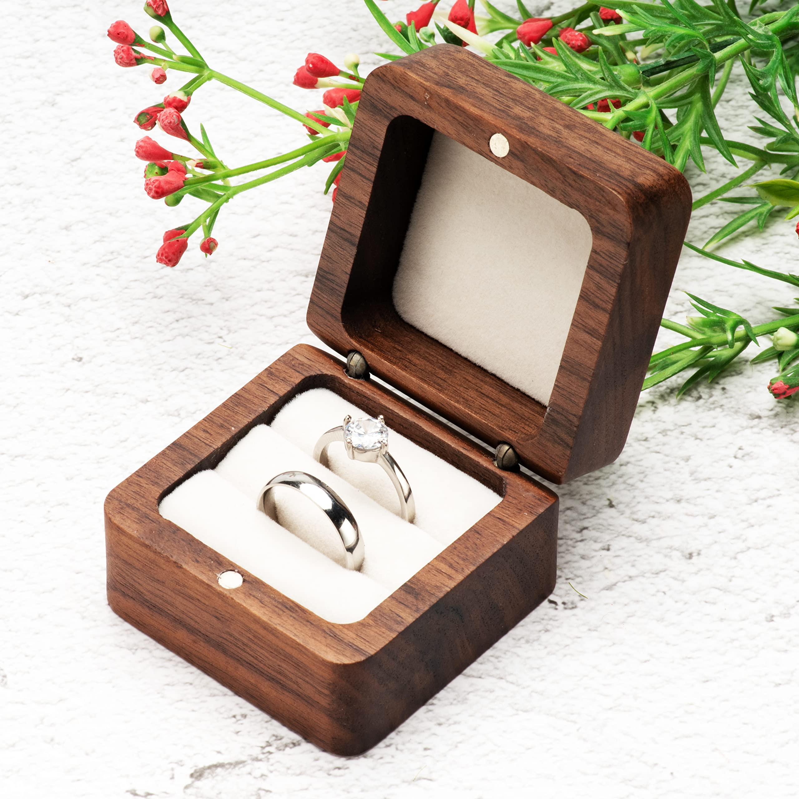 COSISO Square Solid Wood Double Ring Box Case for Wedding Ceremony Engagement Proposal,Wooden Ring Holder for 2 Rings (Beige Inner)