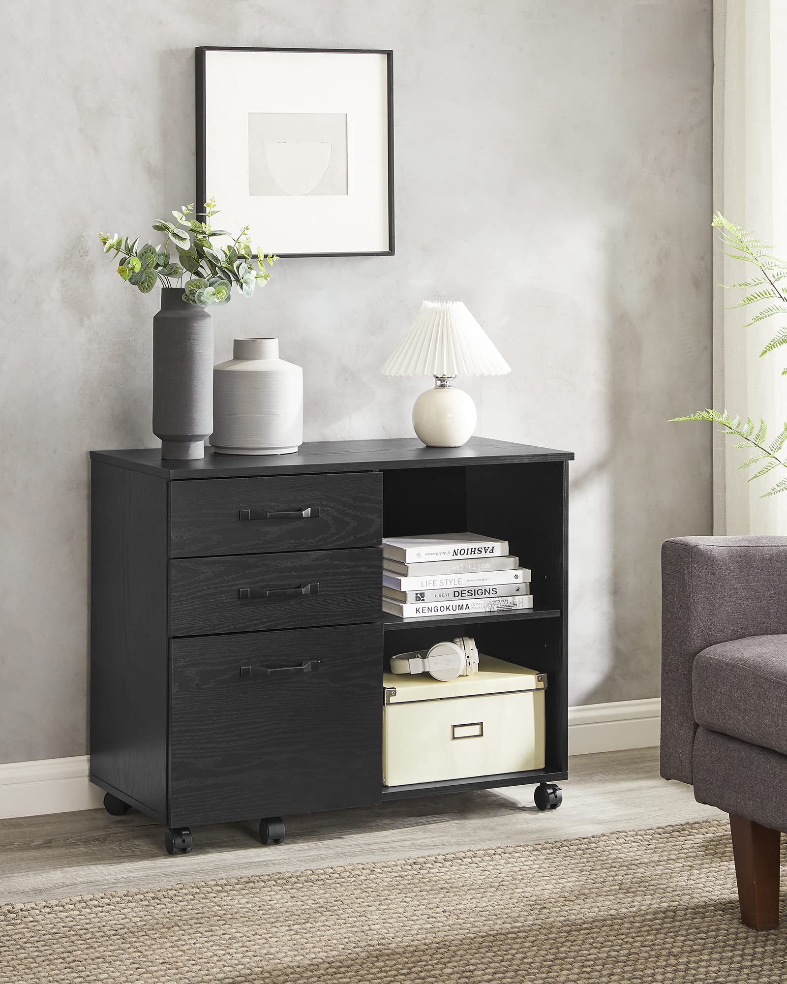VASAGLE Lateral File Cabinet, Home Office Printer Stand, 3-Drawer Mobile Filing Cabinet with Open Storage Shelves, for A4, Letter-Size Files, Black with Wood Grain UOFC041B56