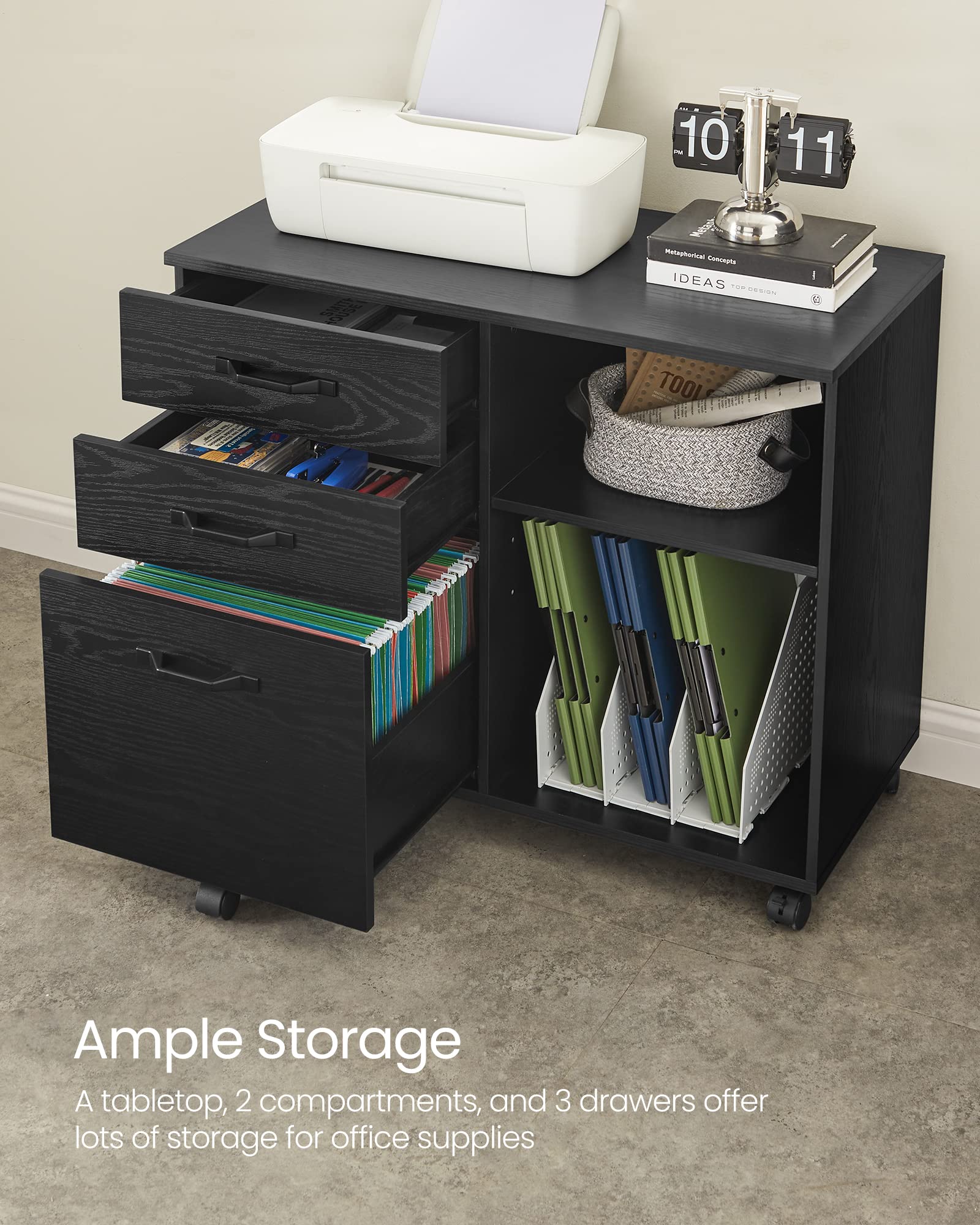 VASAGLE Lateral File Cabinet, Home Office Printer Stand, 3-Drawer Mobile Filing Cabinet with Open Storage Shelves, for A4, Letter-Size Files, Black with Wood Grain UOFC041B56