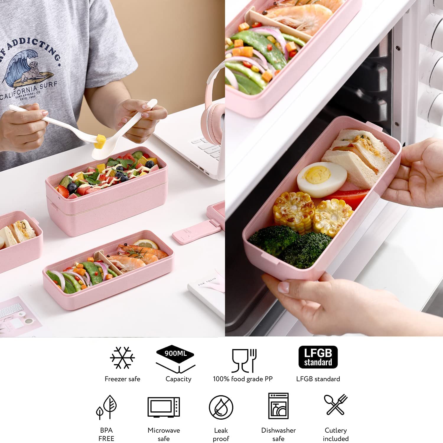 Rarapop Beige Stackable Bento Lunch Box Kit, 3-In-1 Compartment Wheat Straw Lunch Containers with Tableware, Reusable On-the-Go Meal and Snack Containers