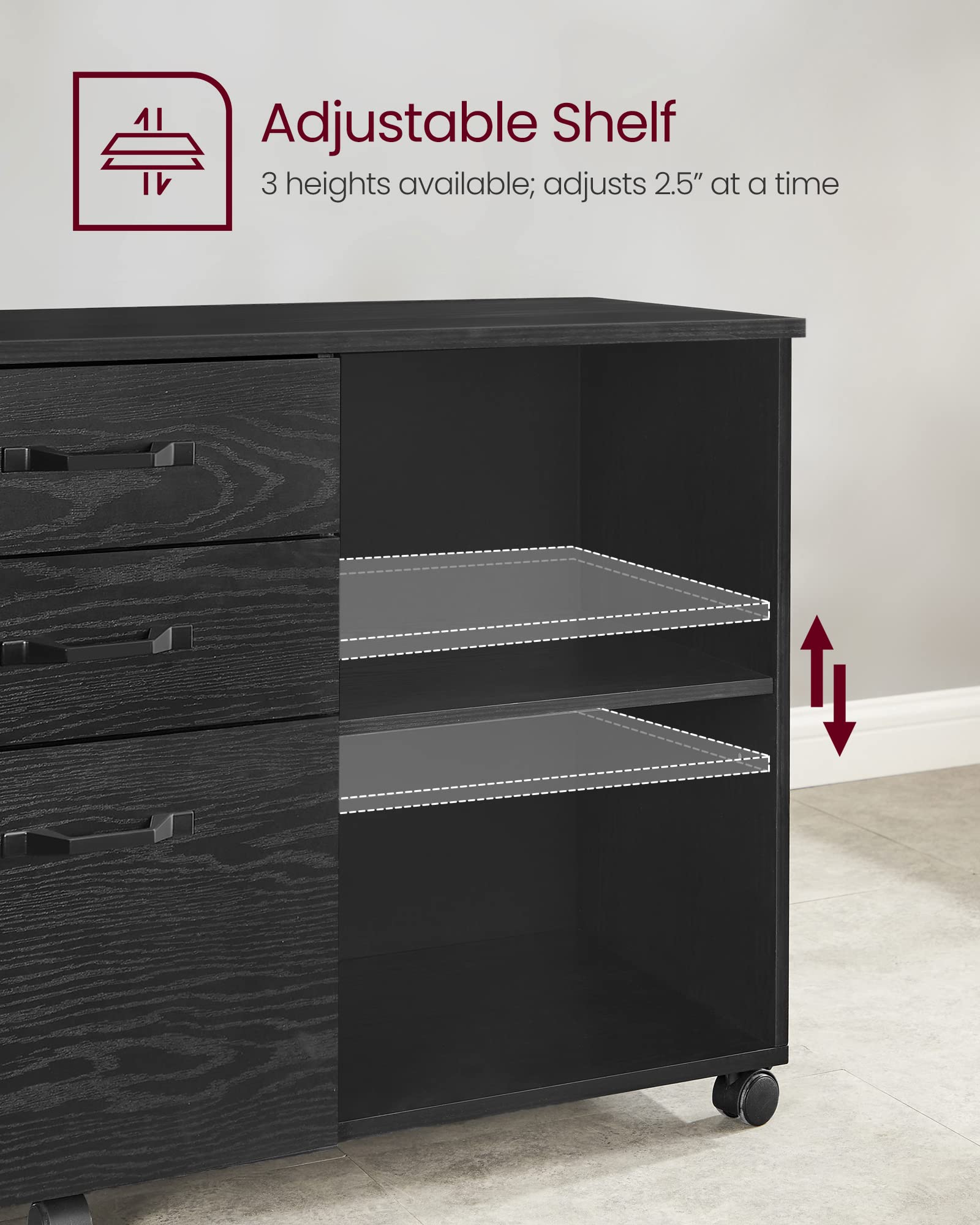 VASAGLE Lateral File Cabinet, Home Office Printer Stand, 3-Drawer Mobile Filing Cabinet with Open Storage Shelves, for A4, Letter-Size Files, Black with Wood Grain UOFC041B56