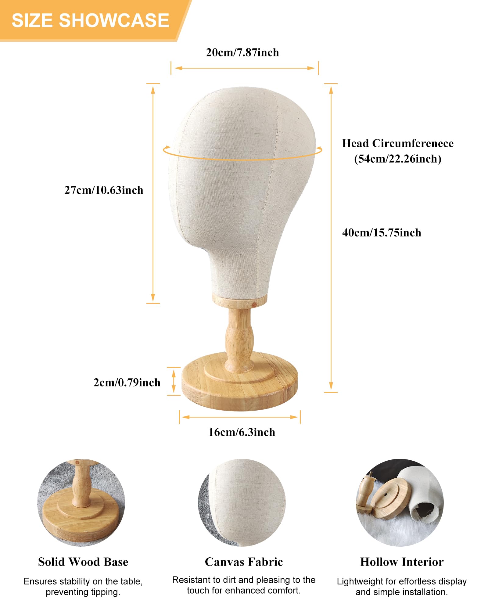 CHADWICK Wig Head Stand Mannequin Head Hat Display Stand Linen Wig Holder, Hat Rack Fabric Head, Canvas Dome + Detachable Wood Stand, Wig Display Model Head Wig Stand for Wigs, Hats, Caps, Headdress