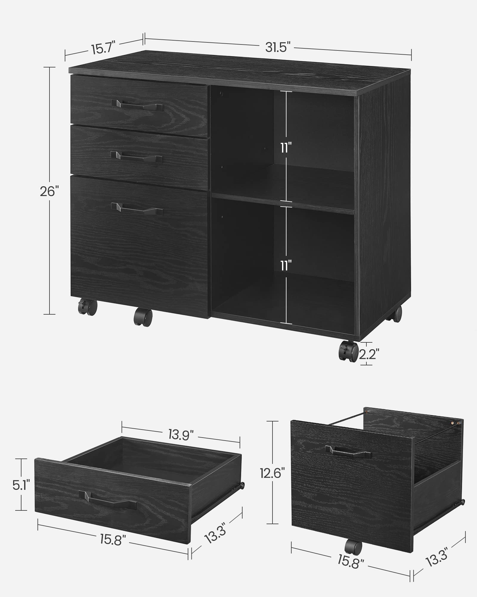 VASAGLE Lateral File Cabinet, Home Office Printer Stand, 3-Drawer Mobile Filing Cabinet with Open Storage Shelves, for A4, Letter-Size Files, Black with Wood Grain UOFC041B56