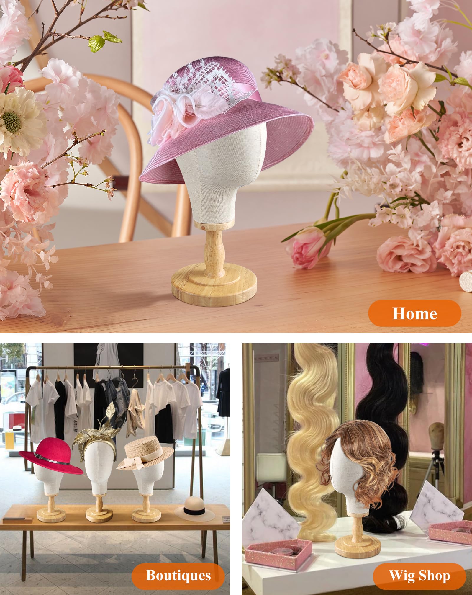 CHADWICK Wig Head Stand Mannequin Head Hat Display Stand Linen Wig Holder, Hat Rack Fabric Head, Canvas Dome + Detachable Wood Stand, Wig Display Model Head Wig Stand for Wigs, Hats, Caps, Headdress