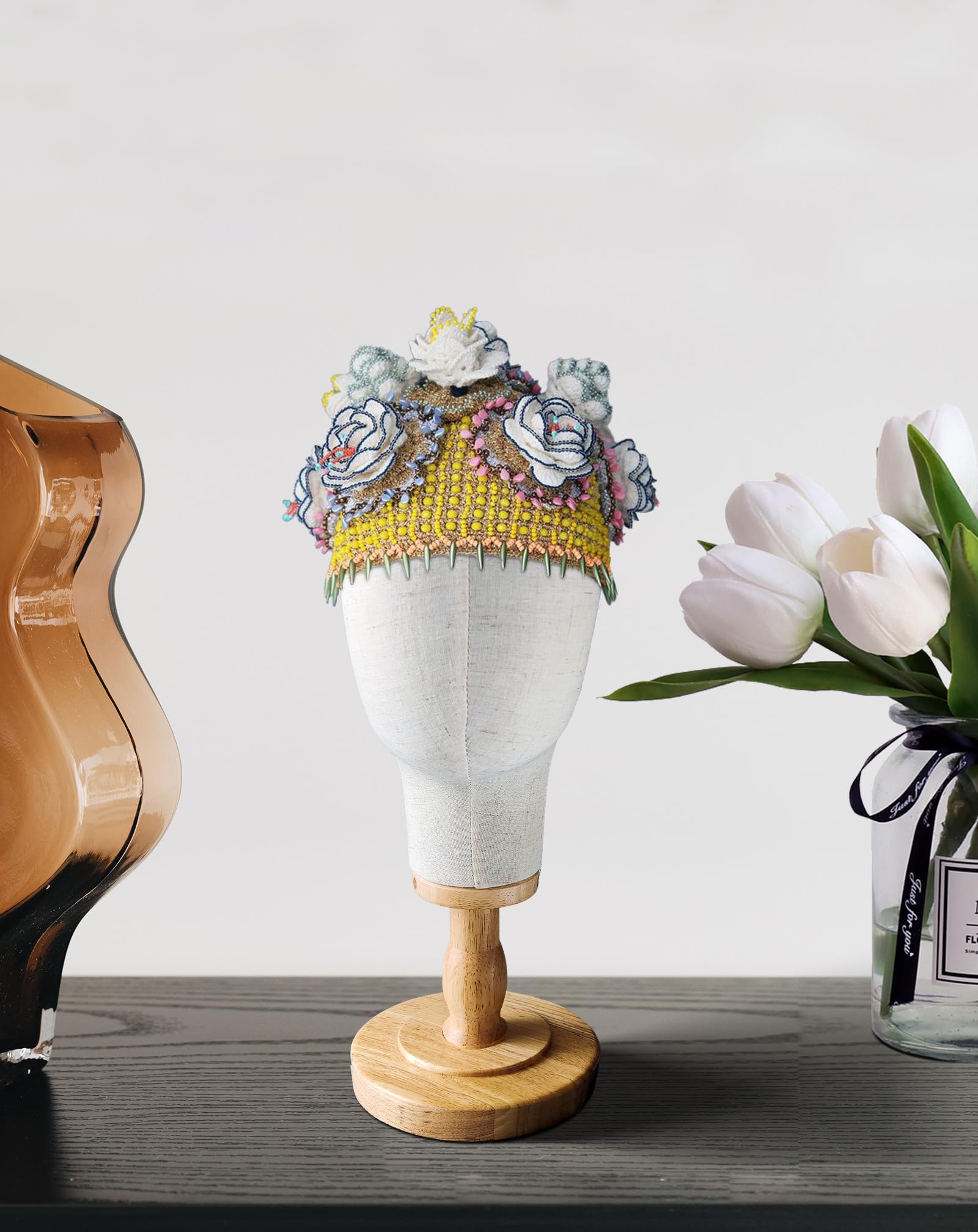 CHADWICK Wig Head Stand Mannequin Head Hat Display Stand Linen Wig Holder, Hat Rack Fabric Head, Canvas Dome + Detachable Wood Stand, Wig Display Model Head Wig Stand for Wigs, Hats, Caps, Headdress