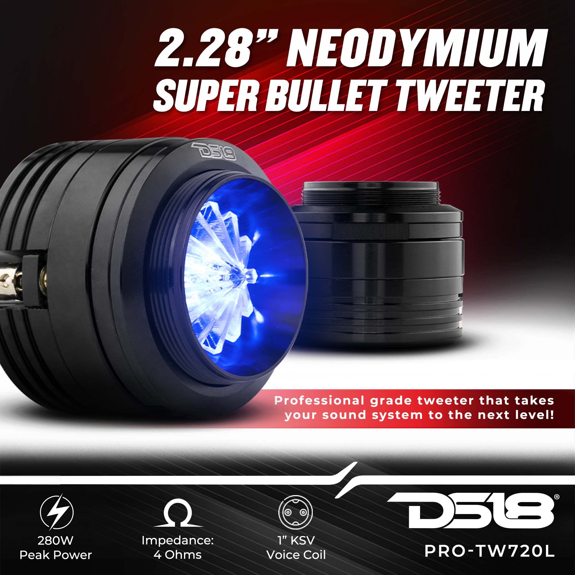 DS18 PRO-TW720L 2.28" Shallow High Compression Neodymium Super Bullet Tweeter 280 Watts 1" Aluminum Voice Coil 4-Ohm with RGB LED Lights