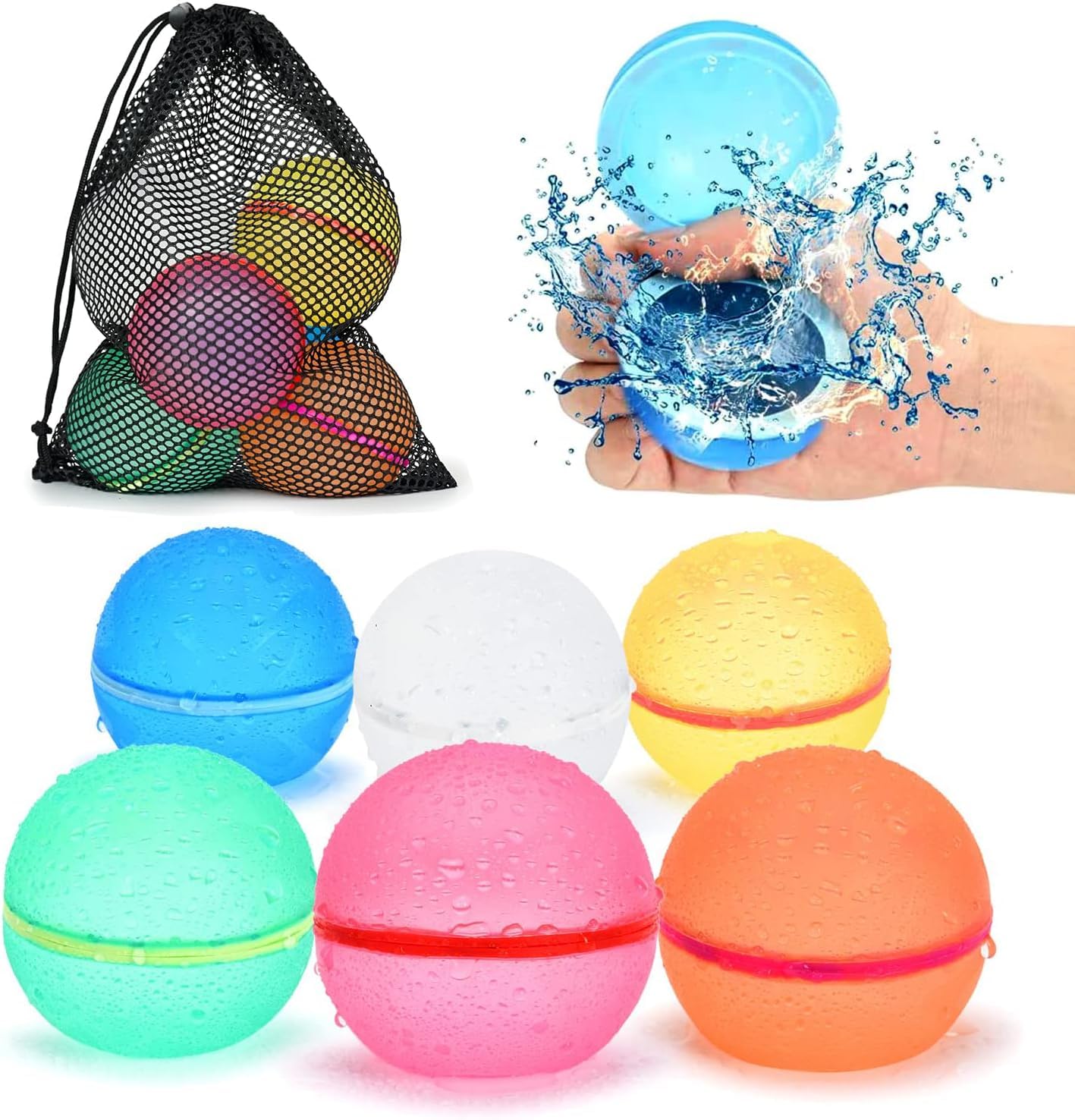 98K Reusable Water Balloons 6Pcs with Mesh Bag, Self Sealing Silicone Ball Latex-Free, No Clean Hassle, Easy to Fill, Summer Water Toys Swimming Pool Beach Park Yard Outdoor Games Party Supplies
