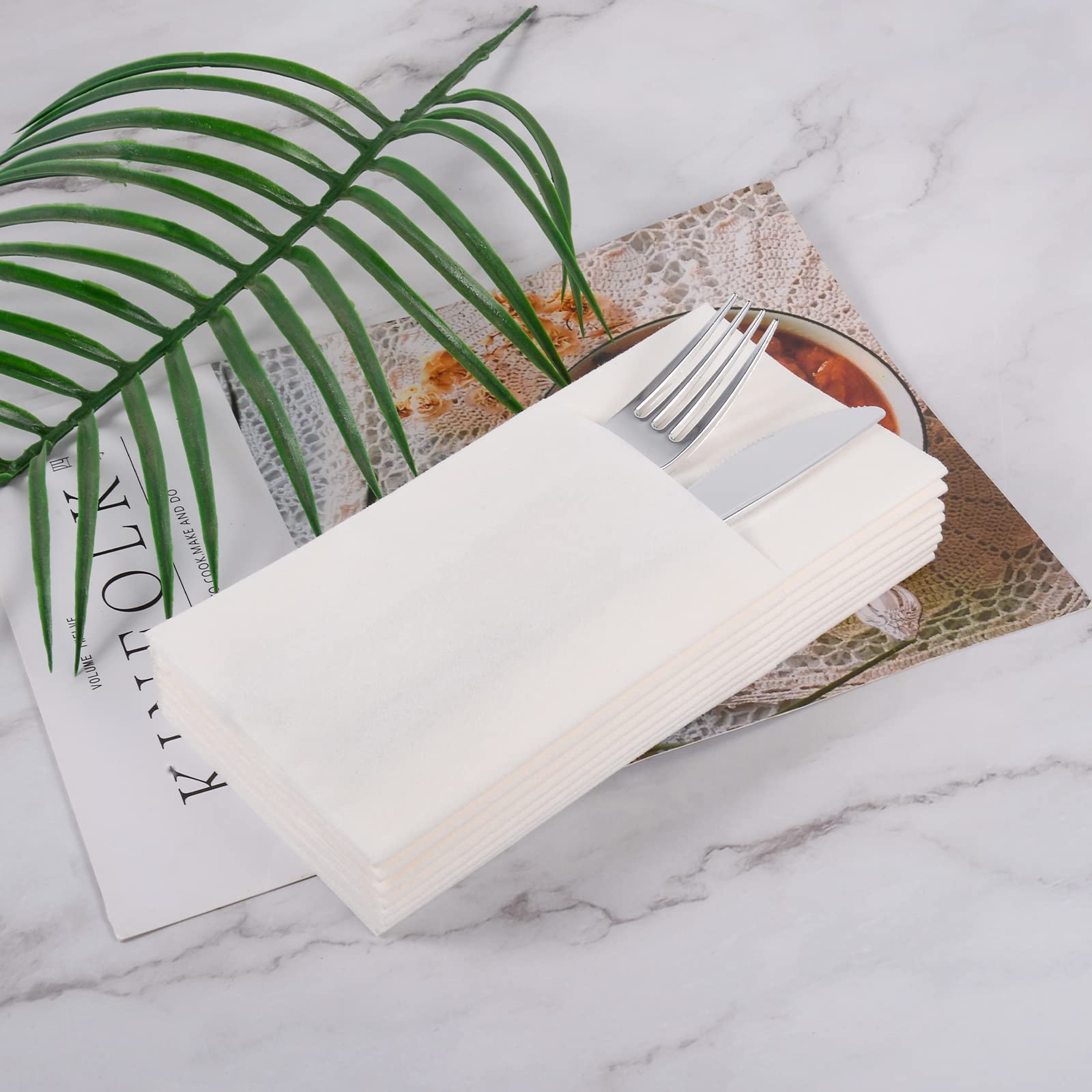 100 Pack White Dinner Napkins with Pocket - Folded Napkins with Pockets for Silverware, Linen Feel Absorbent Disposable Paper Hand Napkins, Banquet Napkins for Wedding Reception, Kitchen, Bathroom