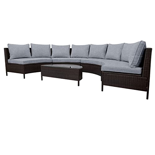 Rhomtree 5-Piece All-Weather Outdoor Sectional Sofa Set Half-Moon Wicker Conversation Set with Beige Cushions & Tempered Glass Coffee Table, Brown PE Rattan Wicker Sofa (Gray)