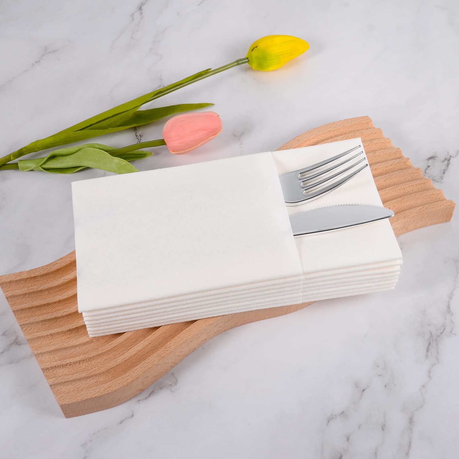 100 Pack White Dinner Napkins with Pocket - Folded Napkins with Pockets for Silverware, Linen Feel Absorbent Disposable Paper Hand Napkins, Banquet Napkins for Wedding Reception, Kitchen, Bathroom