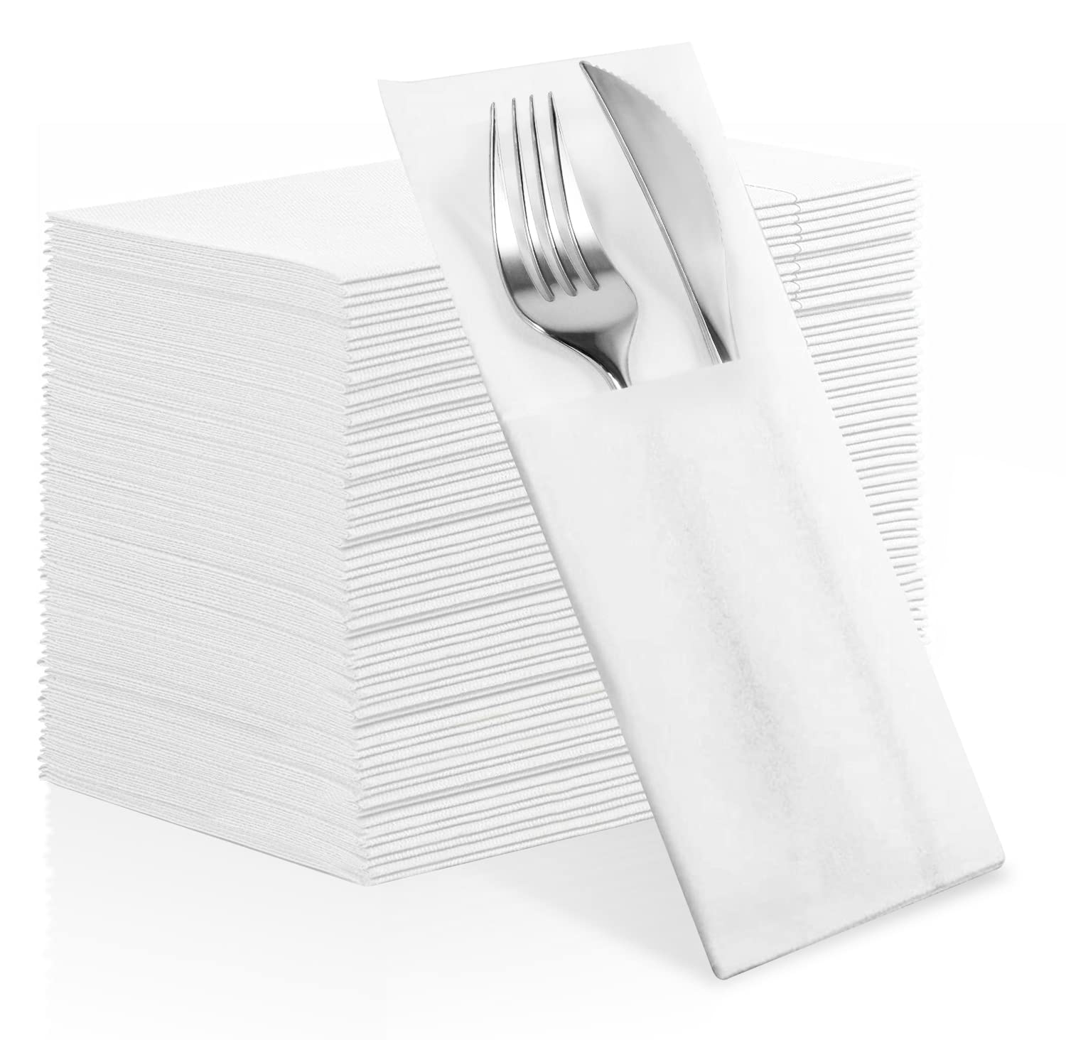 100 Pack White Dinner Napkins with Pocket - Folded Napkins with Pockets for Silverware, Linen Feel Absorbent Disposable Paper Hand Napkins, Banquet Napkins for Wedding Reception, Kitchen, Bathroom