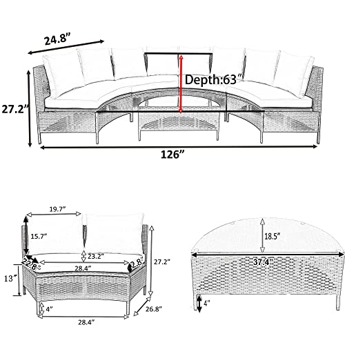 Rhomtree 5-Piece All-Weather Outdoor Sectional Sofa Set Half-Moon Wicker Conversation Set with Beige Cushions & Tempered Glass Coffee Table, Brown PE Rattan Wicker Sofa (Gray)