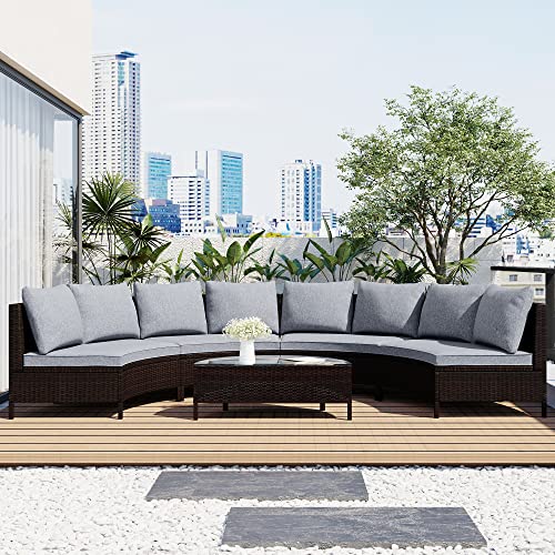 Rhomtree 5-Piece All-Weather Outdoor Sectional Sofa Set Half-Moon Wicker Conversation Set with Beige Cushions & Tempered Glass Coffee Table, Brown PE Rattan Wicker Sofa (Gray)