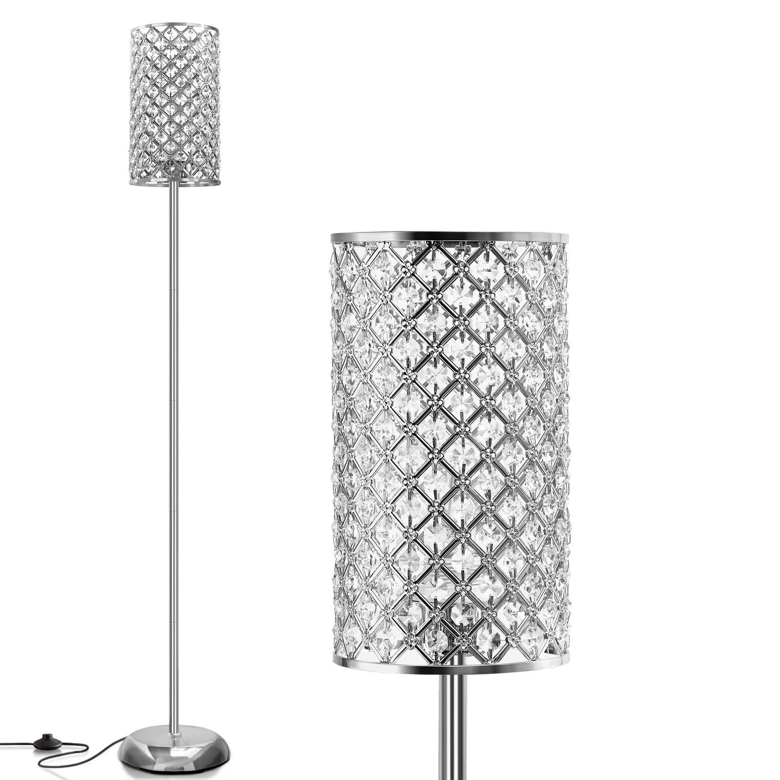 GyroVu Crystal Floor Lamp, Elegant Standing Lamp Modern Floor Lamp Silver Finish Tall Pole Lamp Accent Light with On/Off Foot Switch for Living Room, Girl Bedroom, Dresser, Office