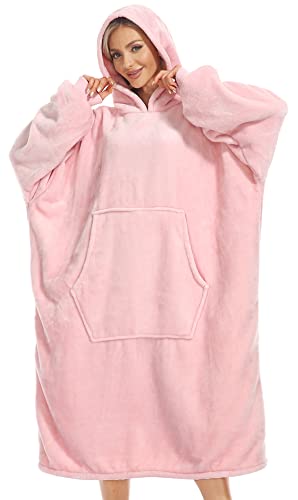 Kipswiza Wearable Hoodie Blanket for Women Flannel Warm Lightweight Long Blanket Thick Soft Big Hooded Sweatshirt Blanket for Adults Womens Girls Teenagers Teens Gifts Light-Pink