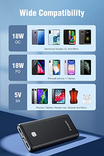 EnergyQC Pilot X7 Portable Charger,20000mAh 18W PD Fast Charging Power Bank,USB C Input/Output Battery Pack with LED Flashlight for iPhone,Samsung and More - Black