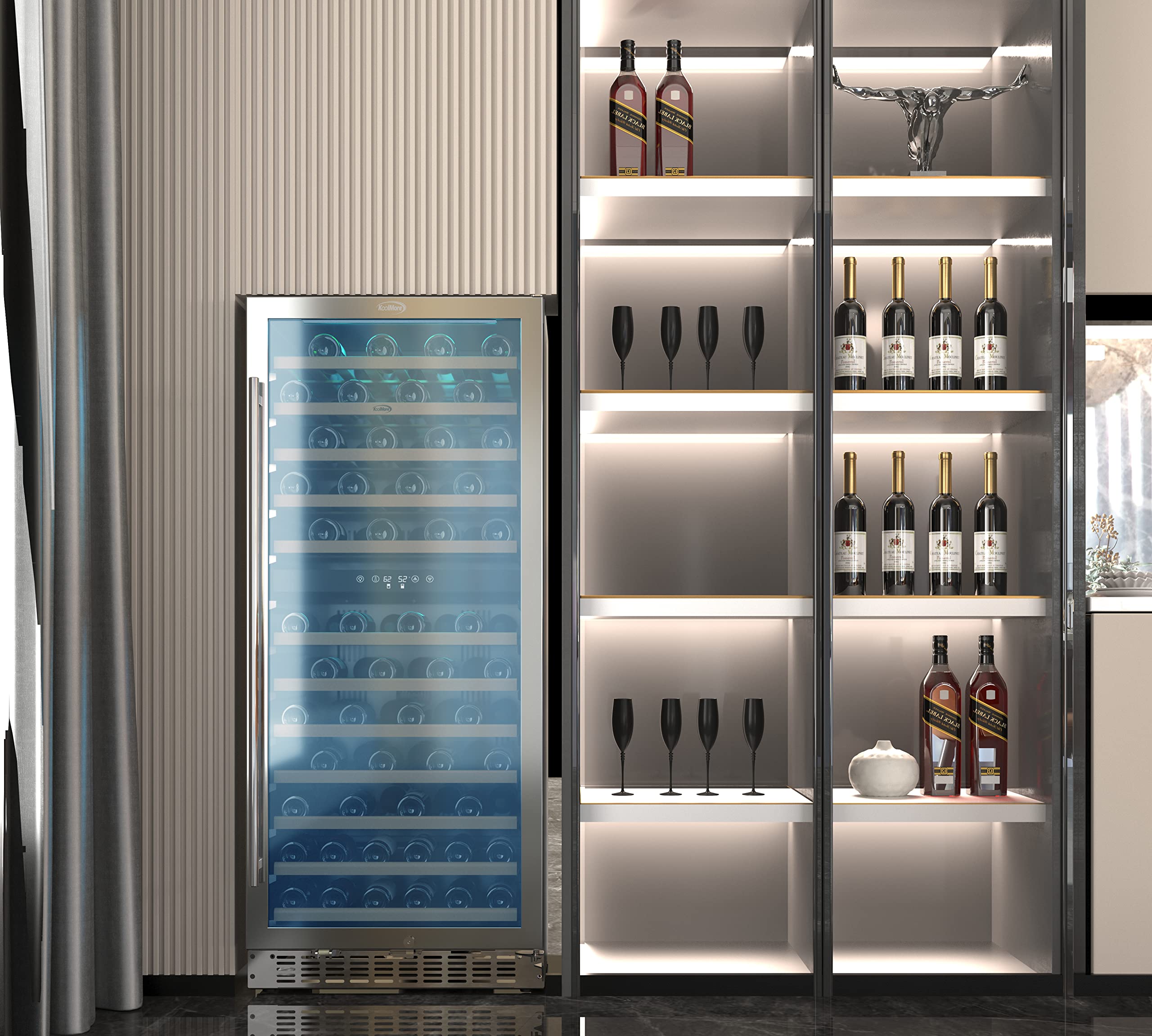 KoolMore 24β Inch 9.7 Cu.Ft. Dual Zone Wine Cooler Refrigerator, Freestanding or Built-In Unit, Tempered Glass and Door Lock (KM-CW92DZ-SS), Silver, 92 Wine Bottles