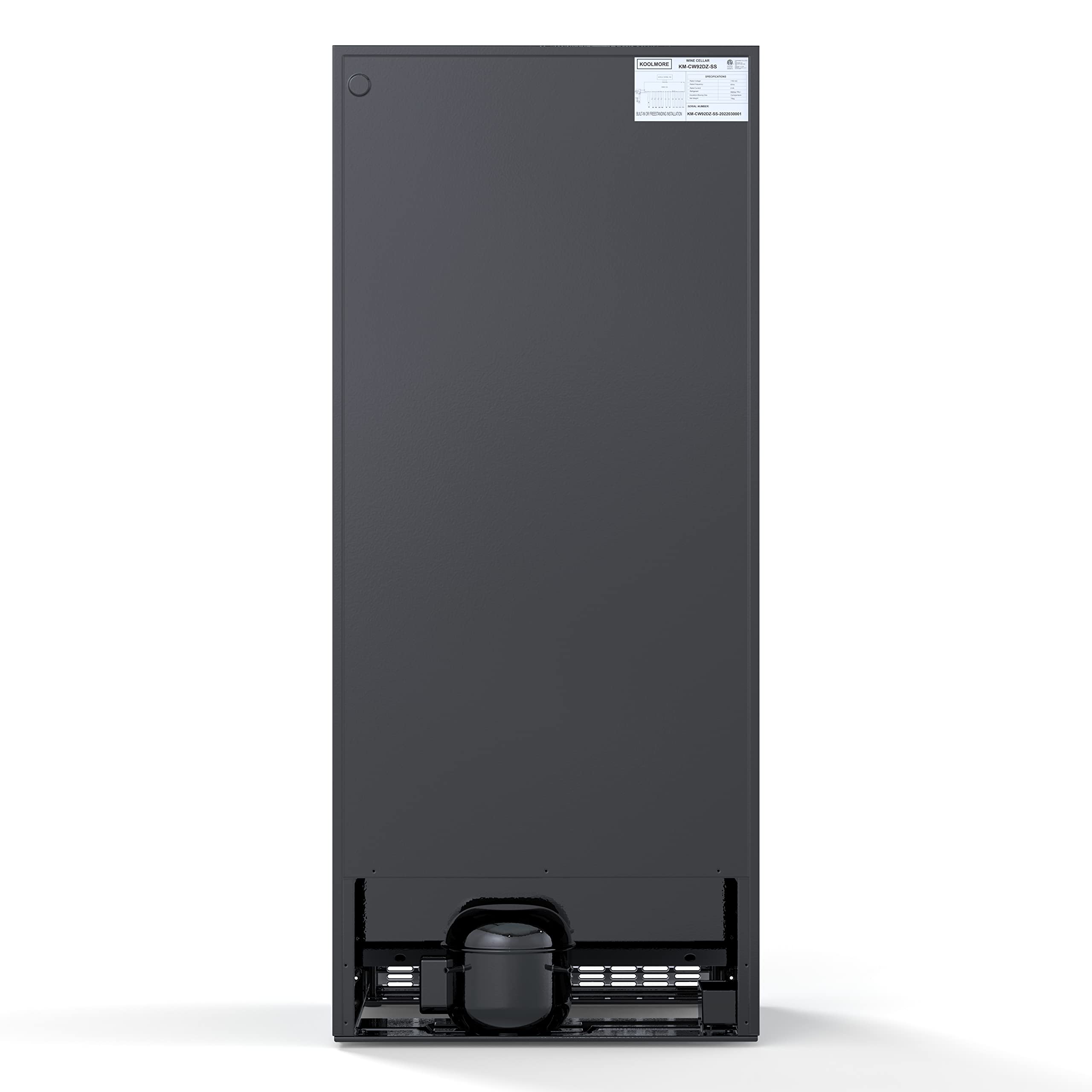KoolMore 24β Inch 9.7 Cu.Ft. Dual Zone Wine Cooler Refrigerator, Freestanding or Built-In Unit, Tempered Glass and Door Lock (KM-CW92DZ-SS), Silver, 92 Wine Bottles