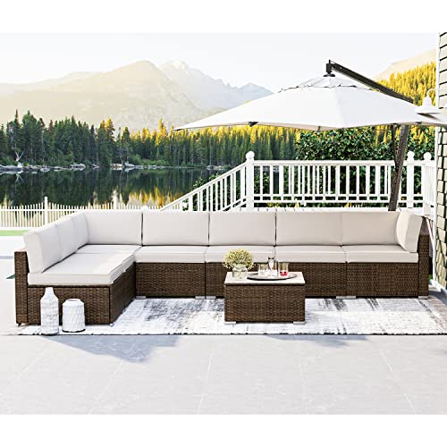 HOMPUS 8-Piece Outdoor Handwoven PE Rattan Wicker L-Shaped Corner Conversation Set Furniture Brown Patio Sectional Sofa Set w Beige Seat Cushions, Glass Coffee Table for Garden,Backyard,Pool