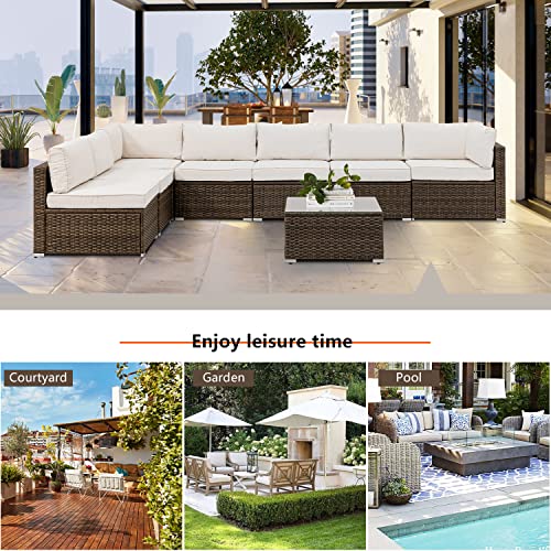 HOMPUS 8-Piece Outdoor Handwoven PE Rattan Wicker L-Shaped Corner Conversation Set Furniture Brown Patio Sectional Sofa Set w Beige Seat Cushions, Glass Coffee Table for Garden,Backyard,Pool