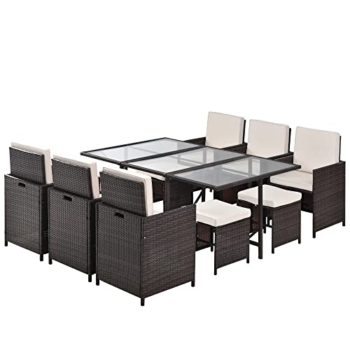 11 Piece Outdoor Garden Patio Furniture PE Rattan Wicker Dining Set Sectional Conversation Patio Set with Ottomans