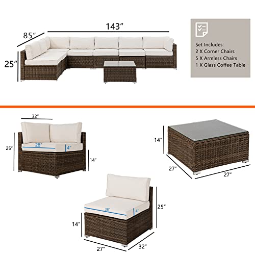 HOMPUS 8-Piece Outdoor Handwoven PE Rattan Wicker L-Shaped Corner Conversation Set Furniture Brown Patio Sectional Sofa Set w Beige Seat Cushions, Glass Coffee Table for Garden,Backyard,Pool