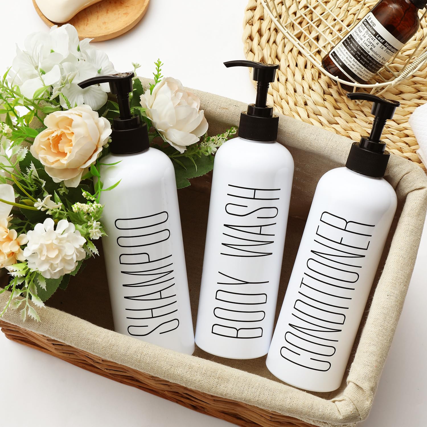 HOMCDALY Shampoo and Conditioner Dispenser, 16oz 3-Pack Refillable Shampoo and Conditioner Bottles, Empty Shampoo Bottles, Shampoo Conditioner Body Wash Dispenser, Bathroom Shampoo Dispenser Set(white