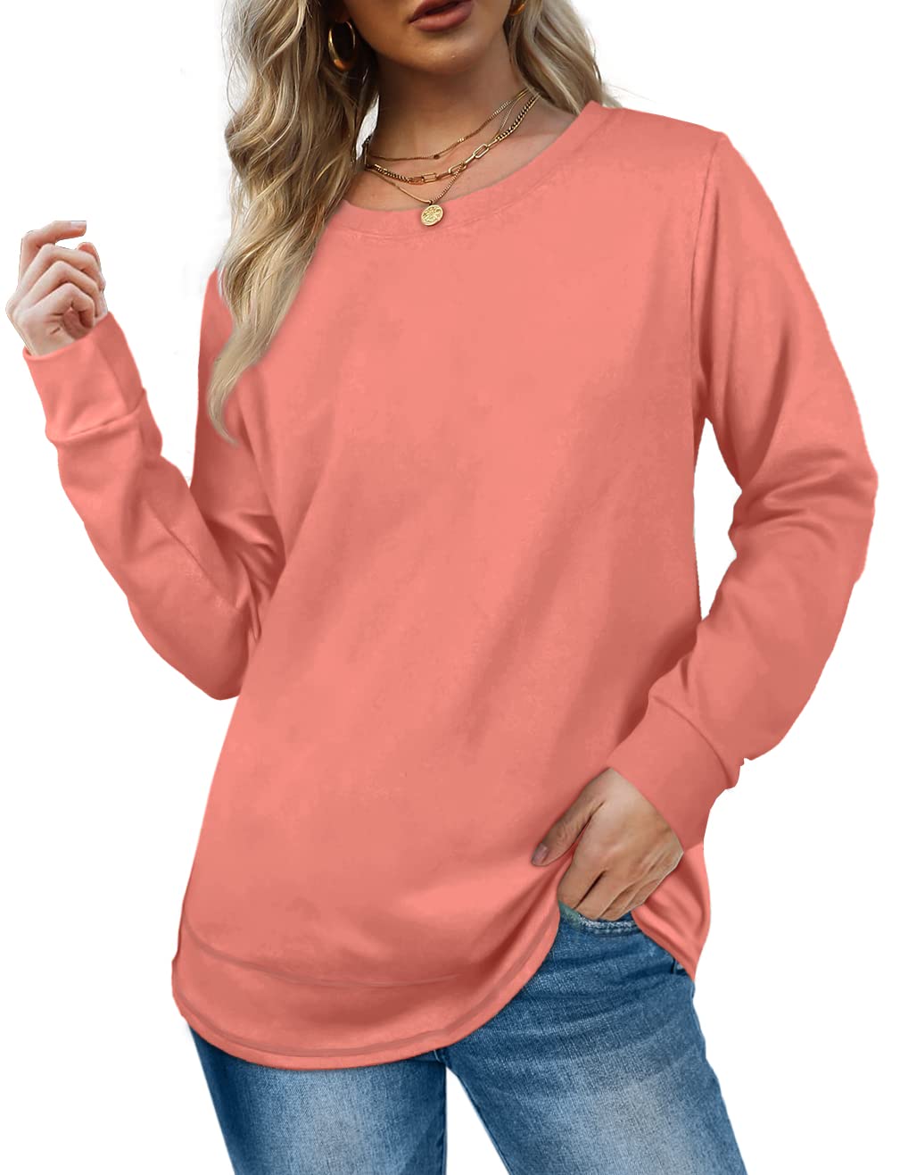 Dofaoo Oversized Sweatshirt for Women Crewneck Lightweight Cute Long Sleeve Tunic Tops Coral XL