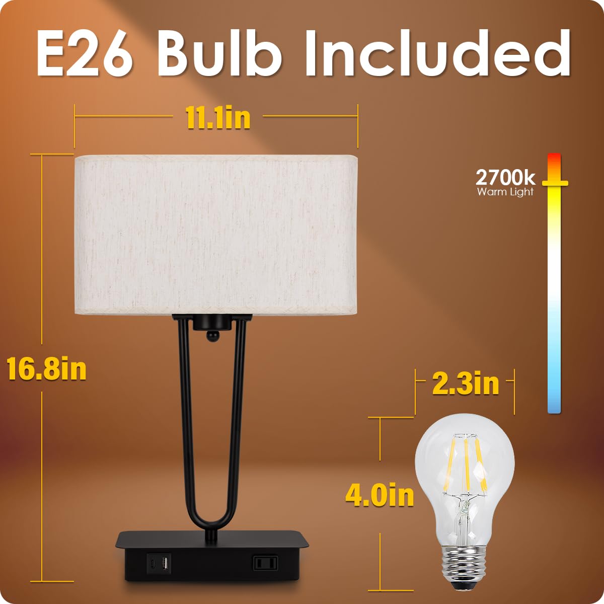 Yarra-Decor Bedside Touch Control Table Lamp Nightstand Lamp with USB A+C Charging Ports & AC Outlet 3-Way Dimmable Desk Lamp with Fabric Shade for Bedroom Living Room(Bulb Included)