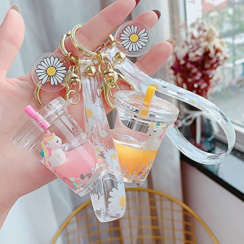 HSYHERE Girls Women Creative Beautiful Romantic Floating Unicorn Milk Tea Cup Keychain Keyrings, Moving Sand Help Relax Car Key Chain Key Ring Bag Pendant Key Holder Daisy Flower Strap Bell -Pink