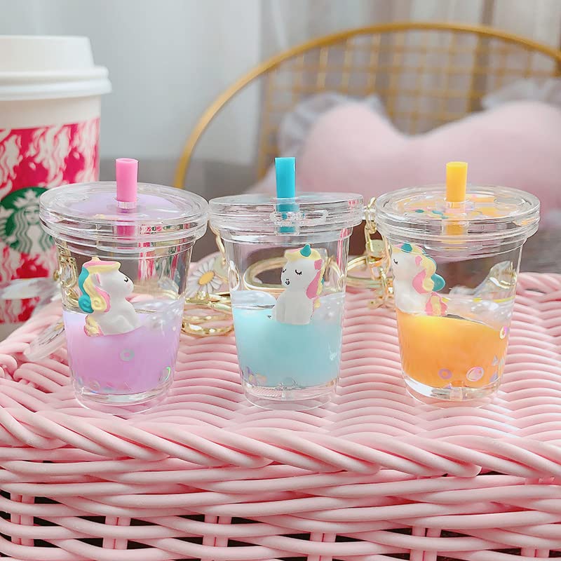 HSYHERE Girls Women Creative Beautiful Romantic Floating Unicorn Milk Tea Cup Keychain Keyrings, Moving Sand Help Relax Car Key Chain Key Ring Bag Pendant Key Holder Daisy Flower Strap Bell -Pink