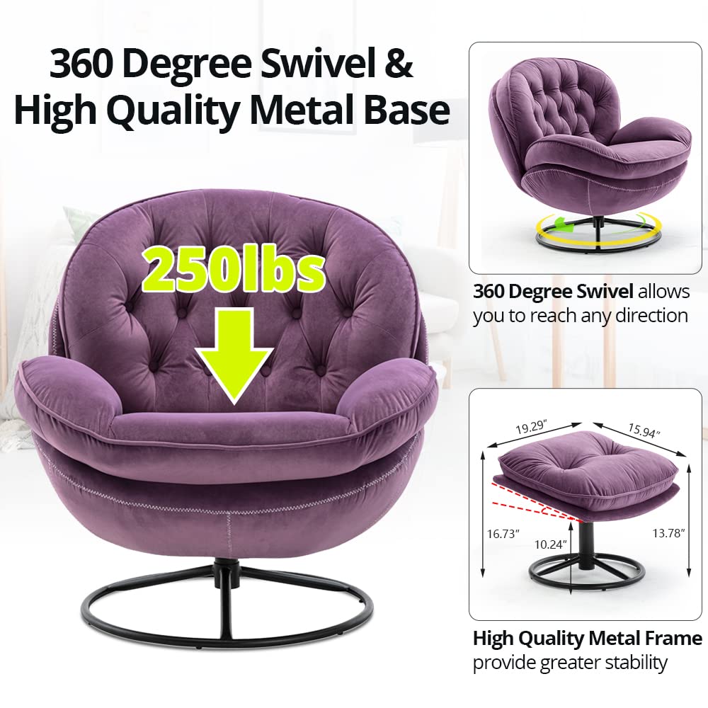 LLS Velvet Swivel Accent Chair with Ottoman Set, Purple, Comfortable Single Leisure Sofa Chair with 360 Degree Swiveling for Living Room