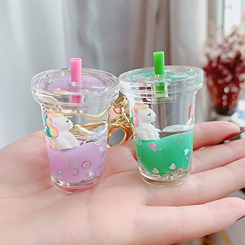 HSYHERE Girls Women Creative Beautiful Romantic Floating Unicorn Milk Tea Cup Keychain Keyrings, Moving Sand Help Relax Car Key Chain Key Ring Bag Pendant Key Holder Daisy Flower Strap Bell -Pink