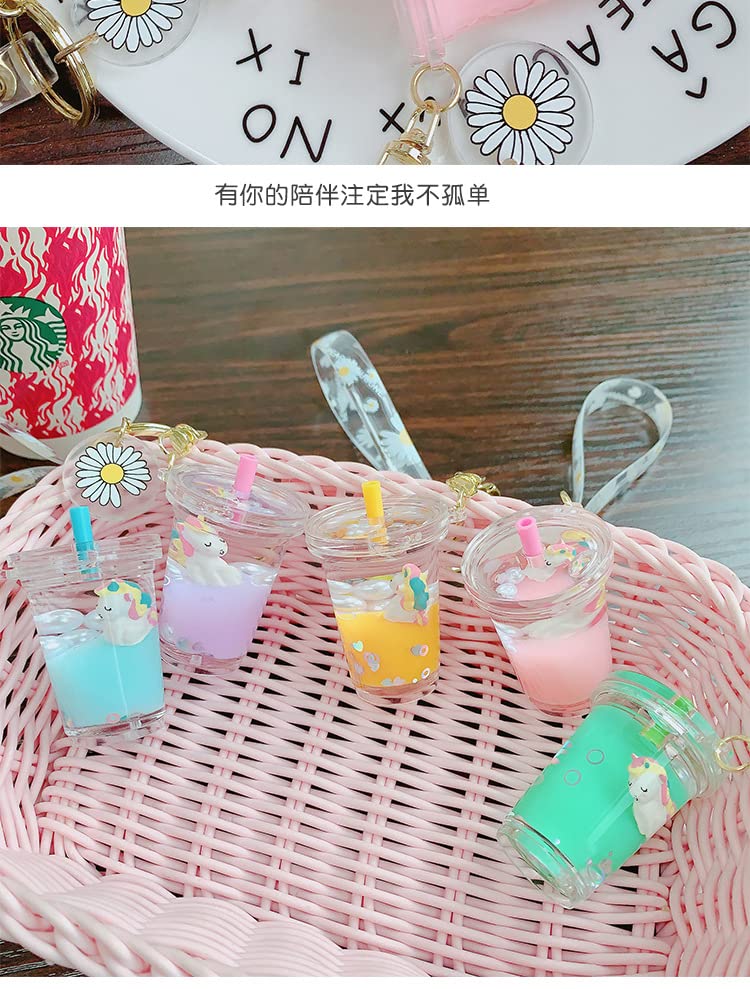 HSYHERE Girls Women Creative Beautiful Romantic Floating Unicorn Milk Tea Cup Keychain Keyrings, Moving Sand Help Relax Car Key Chain Key Ring Bag Pendant Key Holder Daisy Flower Strap Bell -Pink