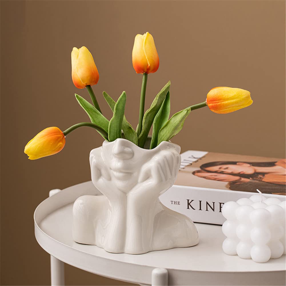 White Ceramic Face Vase, Female Form Head Half Body Bust Vases Boho Feminist Minimalism Decorative Modern Nordic Style Flower Vase for Home Living Room Office Book Shelf Decor (Medium)