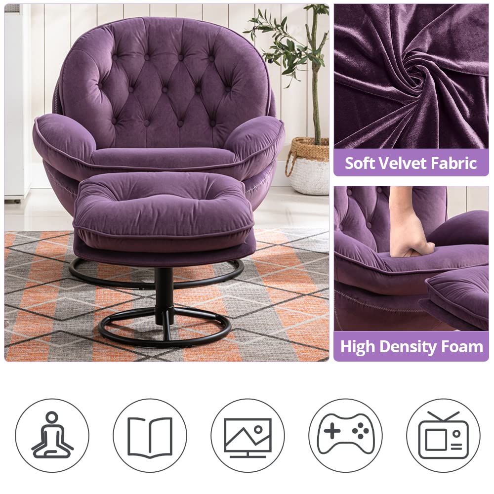 LLS Velvet Swivel Accent Chair with Ottoman Set, Purple, Comfortable Single Leisure Sofa Chair with 360 Degree Swiveling for Living Room