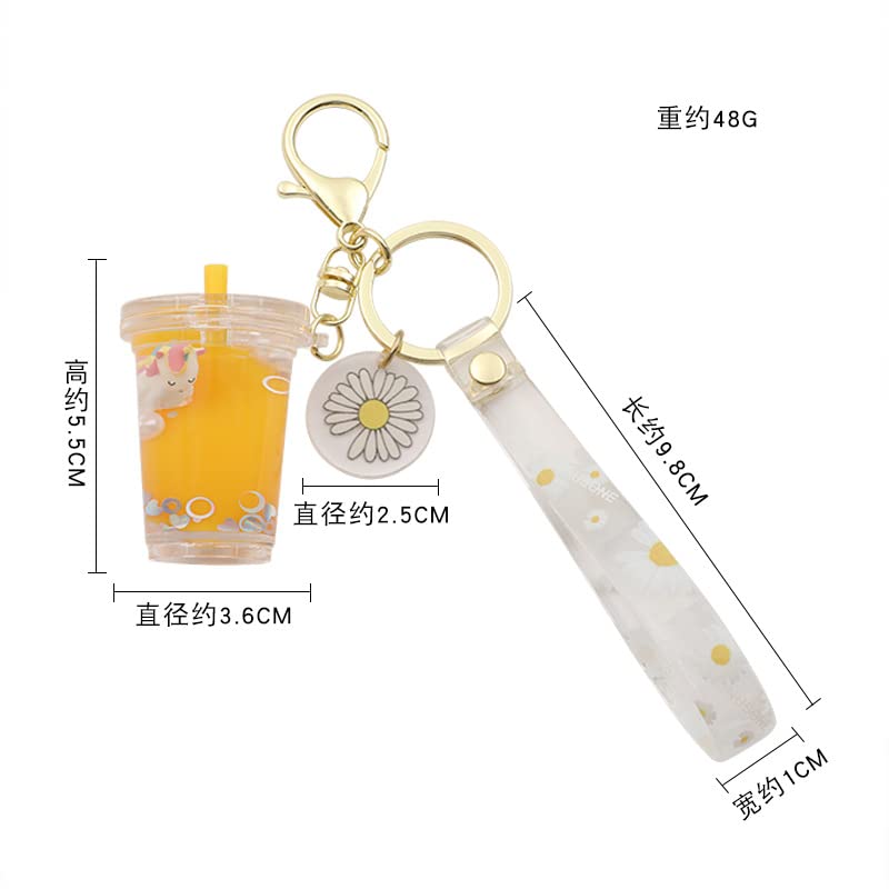 HSYHERE Girls Women Creative Beautiful Romantic Floating Unicorn Milk Tea Cup Keychain Keyrings, Moving Sand Help Relax Car Key Chain Key Ring Bag Pendant Key Holder Daisy Flower Strap Bell -Pink