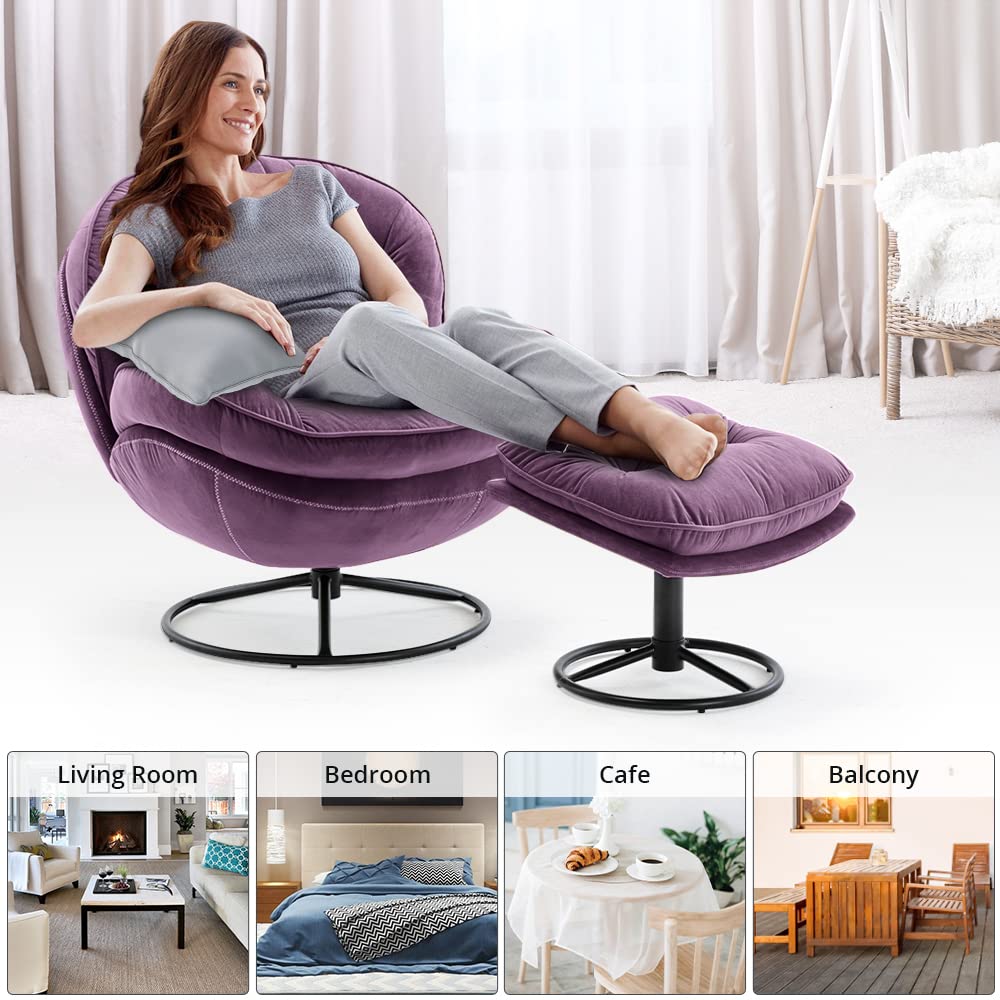 LLS Velvet Swivel Accent Chair with Ottoman Set, Purple, Comfortable Single Leisure Sofa Chair with 360 Degree Swiveling for Living Room