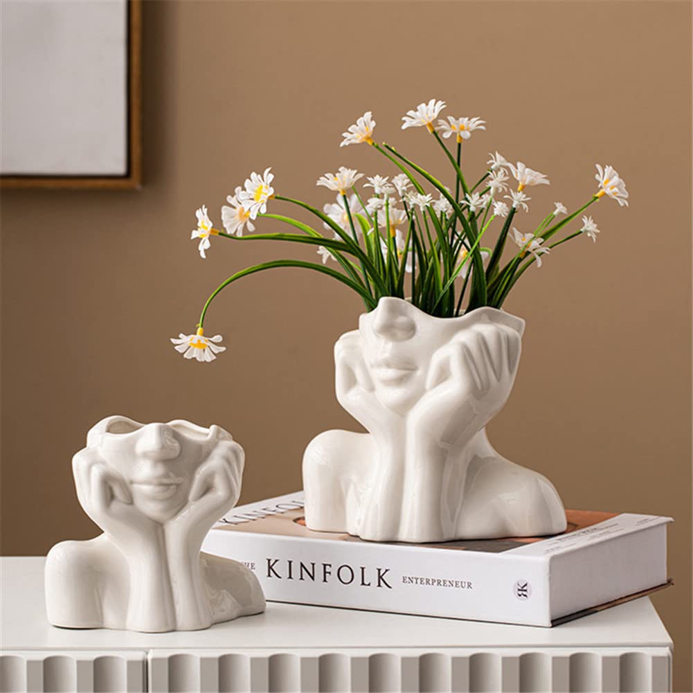 White Ceramic Face Vase, Female Form Head Half Body Bust Vases Boho Feminist Minimalism Decorative Modern Nordic Style Flower Vase for Home Living Room Office Book Shelf Decor (Medium)