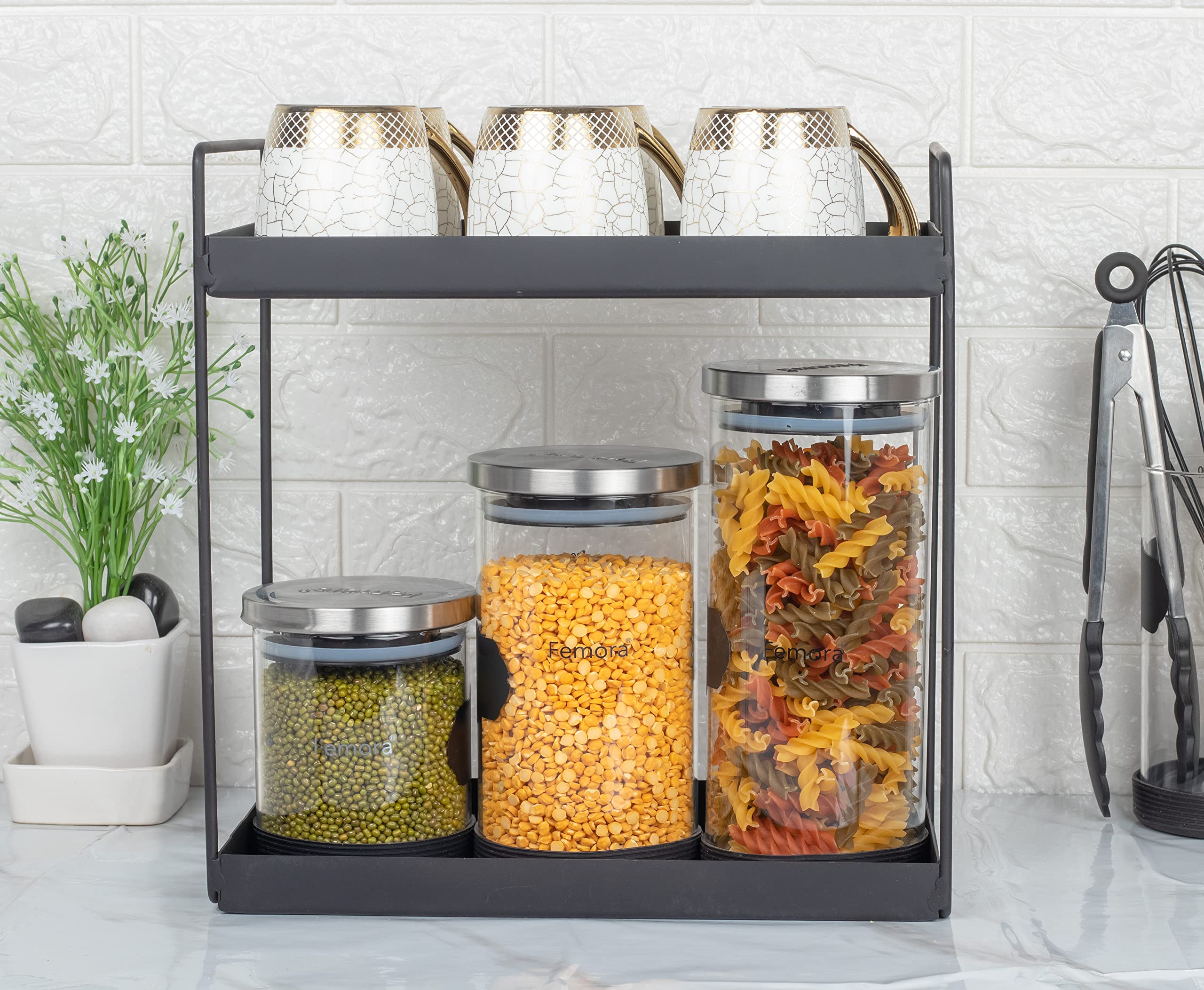 Femora Borosilicate Glass Air-Tight Jar with Silicon Base, 900 ml, Set of 2