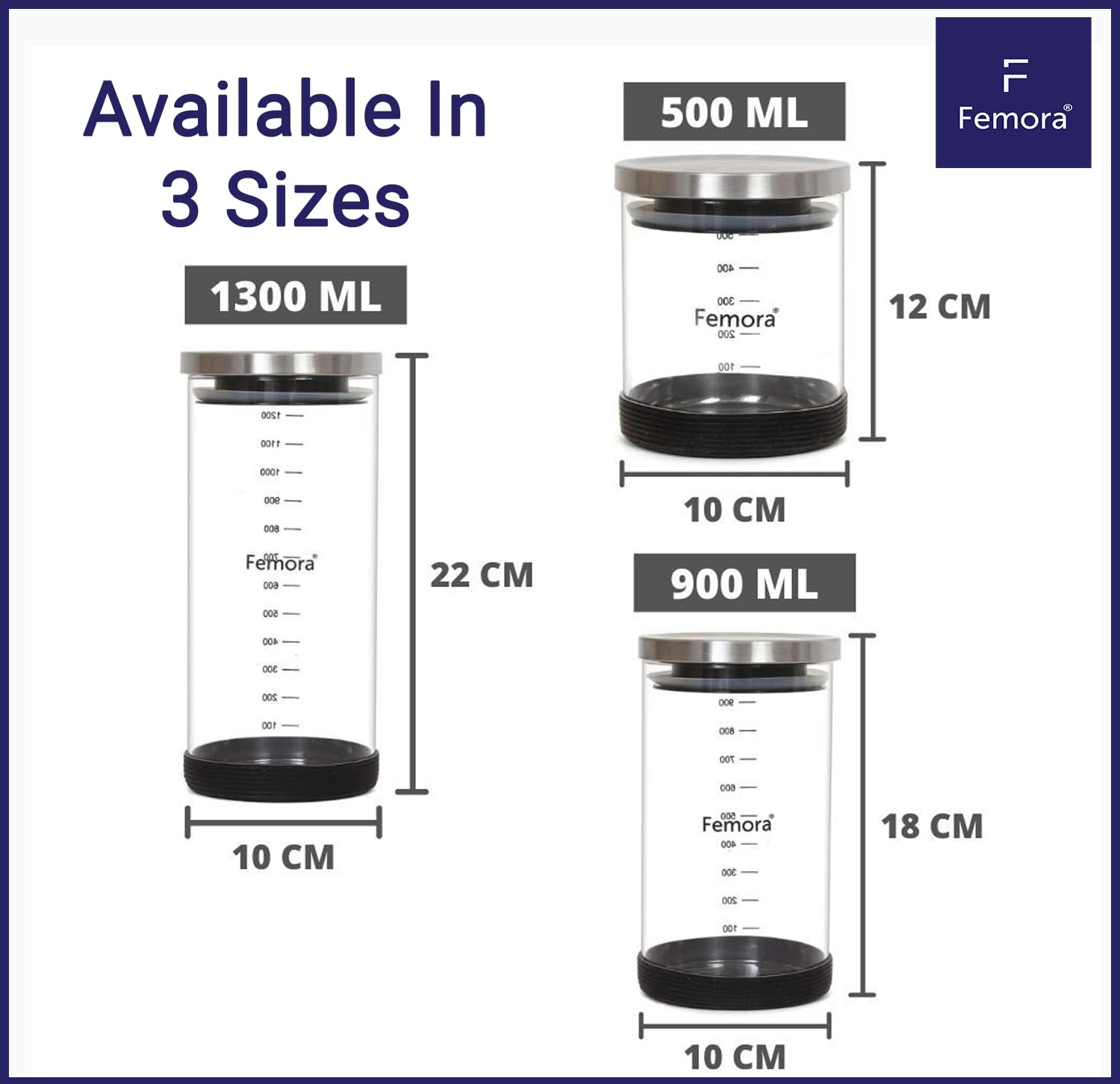 Femora Borosilicate Glass Air-Tight Jar with Silicon Base, 900 ml, Set of 2