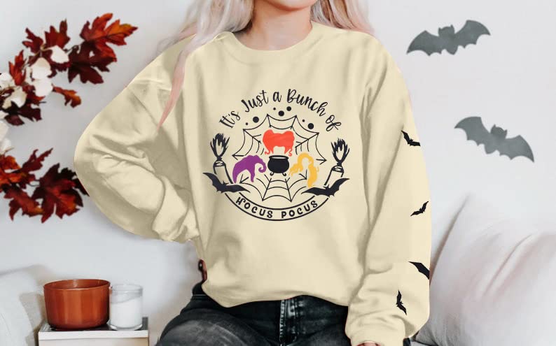 MOUSYA It's Just A Bunch of Hocus Pocus Sweatshirt Women Halloween Sanderson Sisters Graphic Long Sleeve Pullover Shirt Apricot