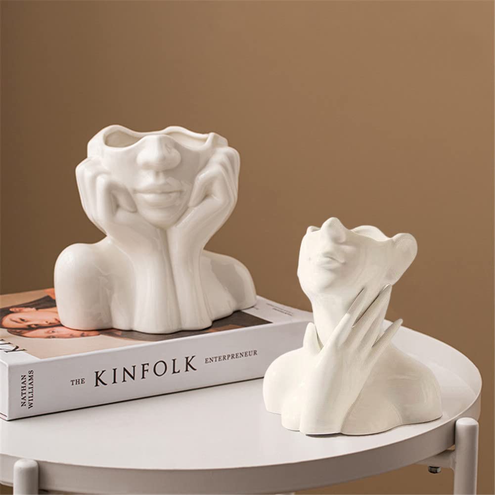 White Ceramic Face Vase, Female Form Head Half Body Bust Vases Boho Feminist Minimalism Decorative Modern Nordic Style Flower Vase for Home Living Room Office Book Shelf Decor (Medium)